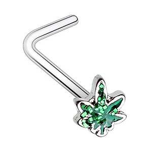 Body Accentz Glitter Cannabis Pot Leaf L-Shape Nose Ring 20 gauge surgical steel