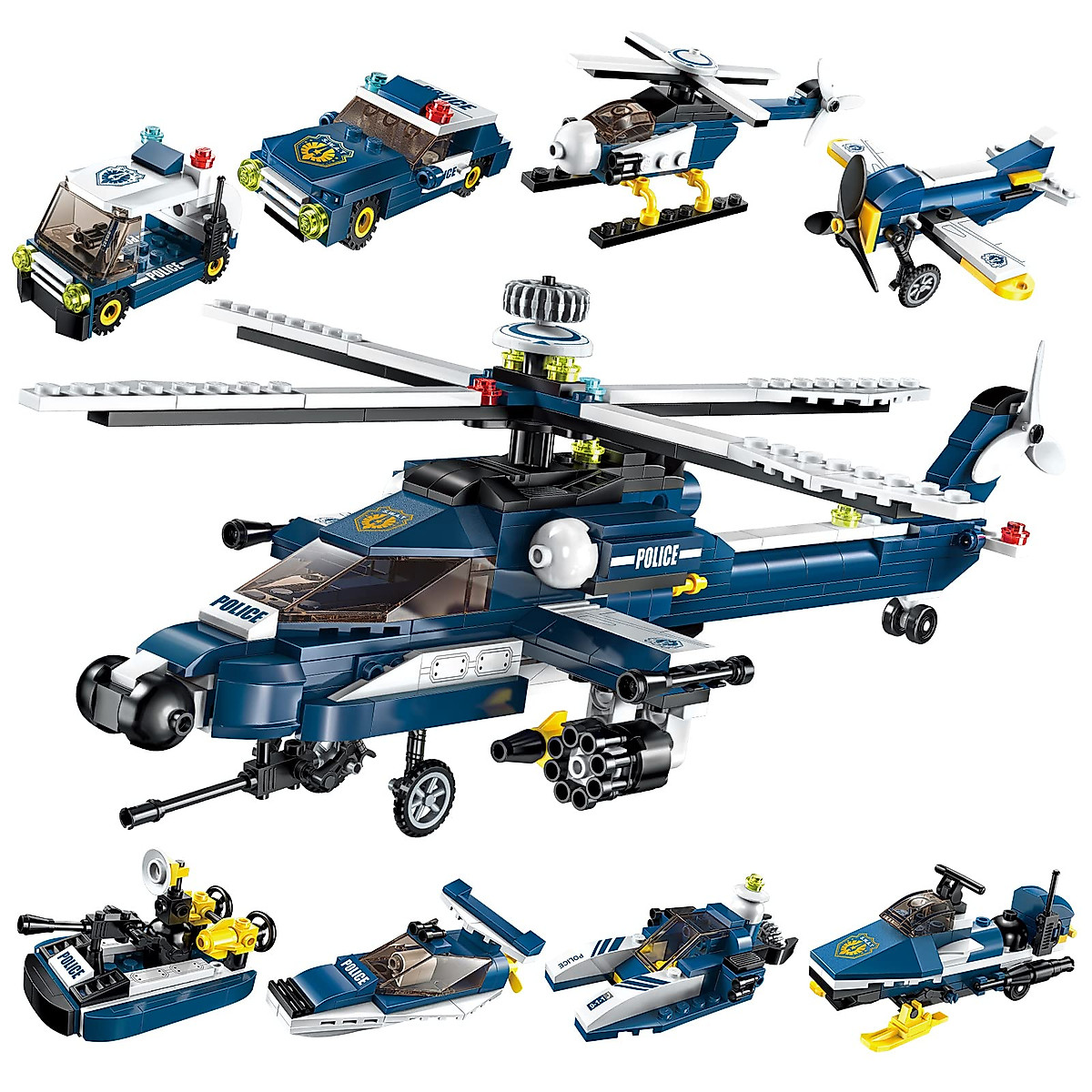 QMAN Building Blocks STEM Toy for Kids 8-in-1 City Police Helicopter Building Bricks Set Car Model Boat Building Toys for Boys and Girls Age 6+ Years Old (381 Pieces)