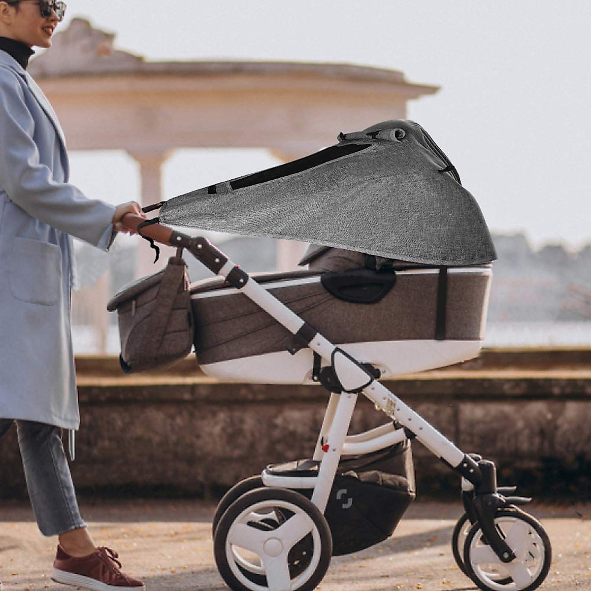 BYLaconic Stroller Sun Shade for Baby (Gray/with 2Pcs Hooks), Waterproof Sun Protection Stroller Shade Cover Anti-UV 50+ with Viewing Window for High Landscape Stroller