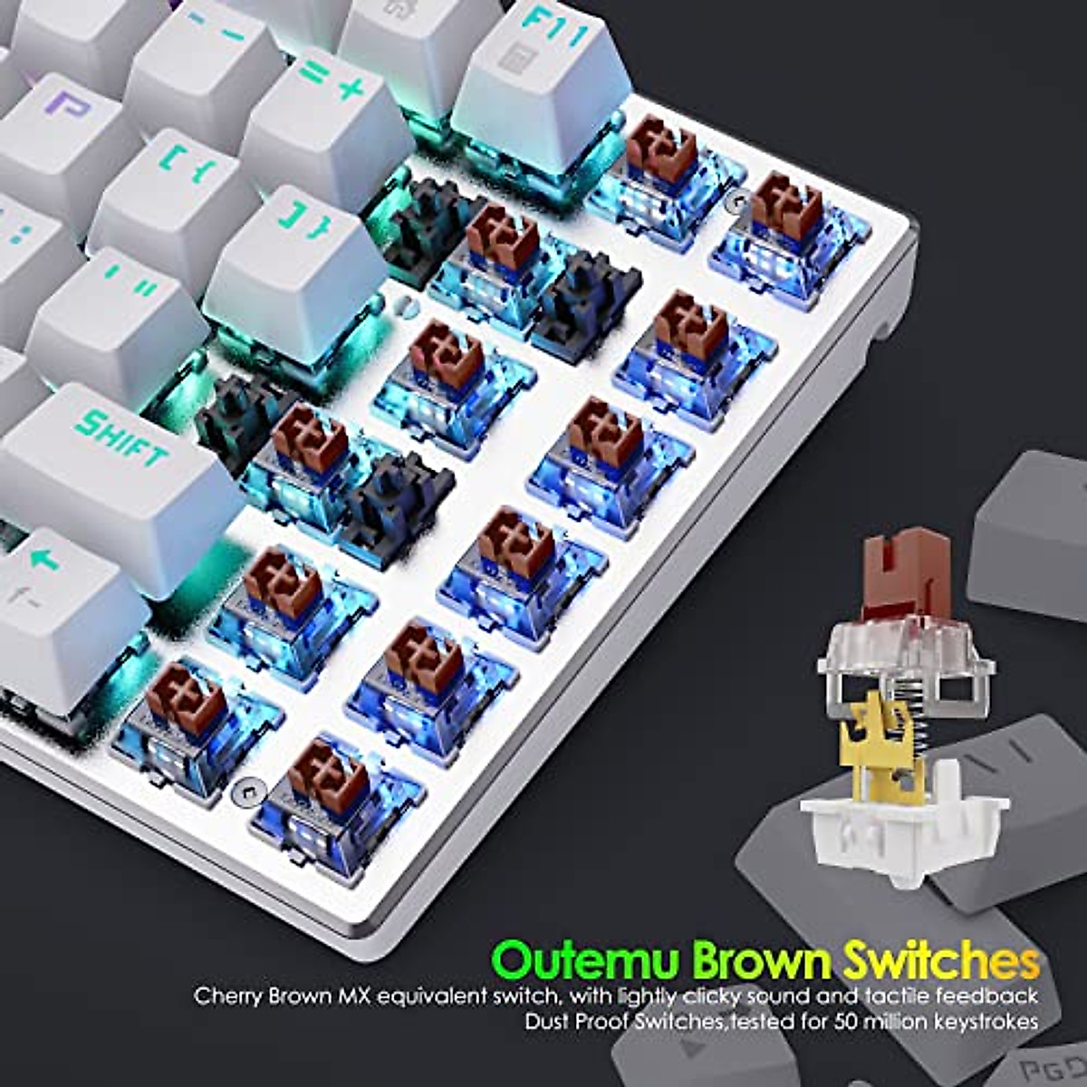 HUO JI E-Yooso Z-88 RGB Mechanical Gaming Keyboard, Metal Panel, Brown Switches, 75% Compact 81 Keys for Mac, PC, Silver and White