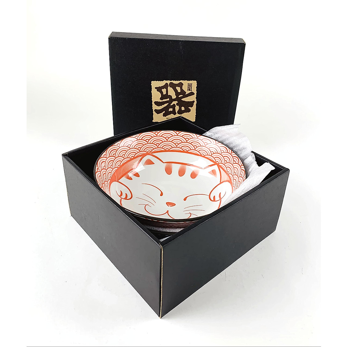 JapanBargain 4694, Large Japanese Porcelain Soup Bowls and Spoons Gift Set, Lucky Cat Pattern Ramen Bowls, Blue and Pink Color, Set of 2, Made in Japan, 36 Ounce