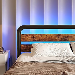 St.Mandyu LED Bed Frame with Wood Headboard and Led Lights,Heavy Duty Platform Bed Frame Under Bed Storage,Noise-Free,Brown (Queen)