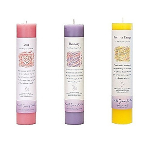 Crystal Journey Attract Love Reiki Charged Herbal Magic Pillar Candle with Inspirational Labels - Bundle of 3(Love, Harmony, Positive Energy) Each 7"x1.5"