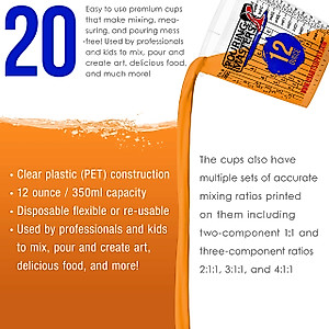 Pouring Masters 12 Ounce (350ml) Graduated Plastic Mixing Cups (Box of 20) - Use for Paint, Resin, Epoxy, Art, Kitchen, Cooking, Baking - Measurements in OZ. and ML., 4 Different Measuring Ratios 1:1