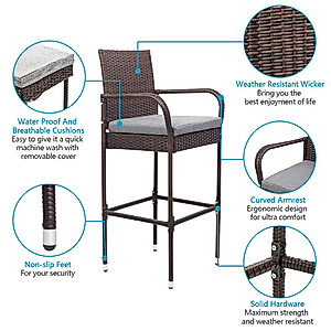 VINGLI Outdoor Wicker Bar Stools Set of 2 with Cushions, Outdoor Bar Chairs Bar Height Tall Patio Chairs, Outdoor Barstools for Garden Pool Lawn Backyard