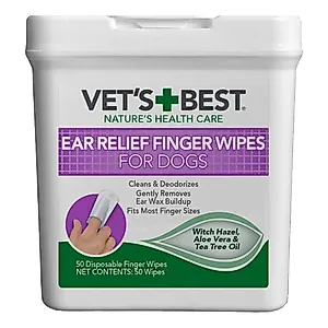 Vet's Best Ear Relief Finger Wipes | Ear Cleansing Finger Wipes for Dogs | Sooths & Deodorizes | 50 Disposable Wipes