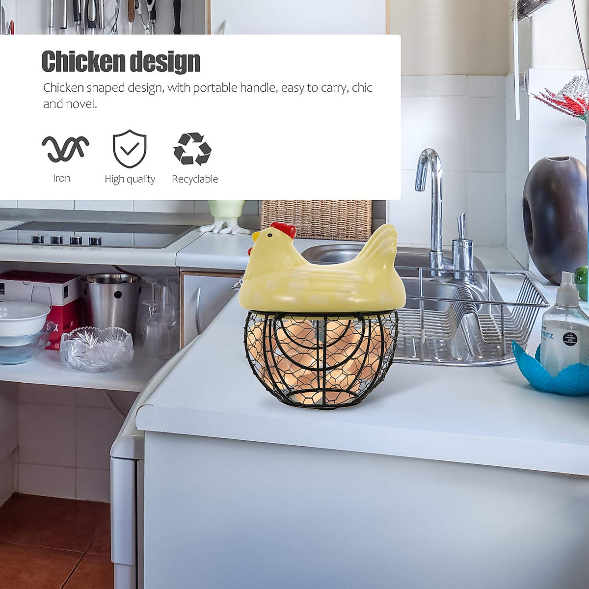 HANABASS Egg Basket Egg Basket 1pcs Chicken Design Ceramic Egg Storage Collect Basket Iron Egg Holder Home Desktop Adornment Egg Holder Countertop Egg Holder Countertop Yellow