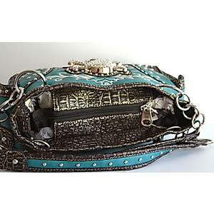 western rhinestone skull concho stitched handbag purse set (blue)