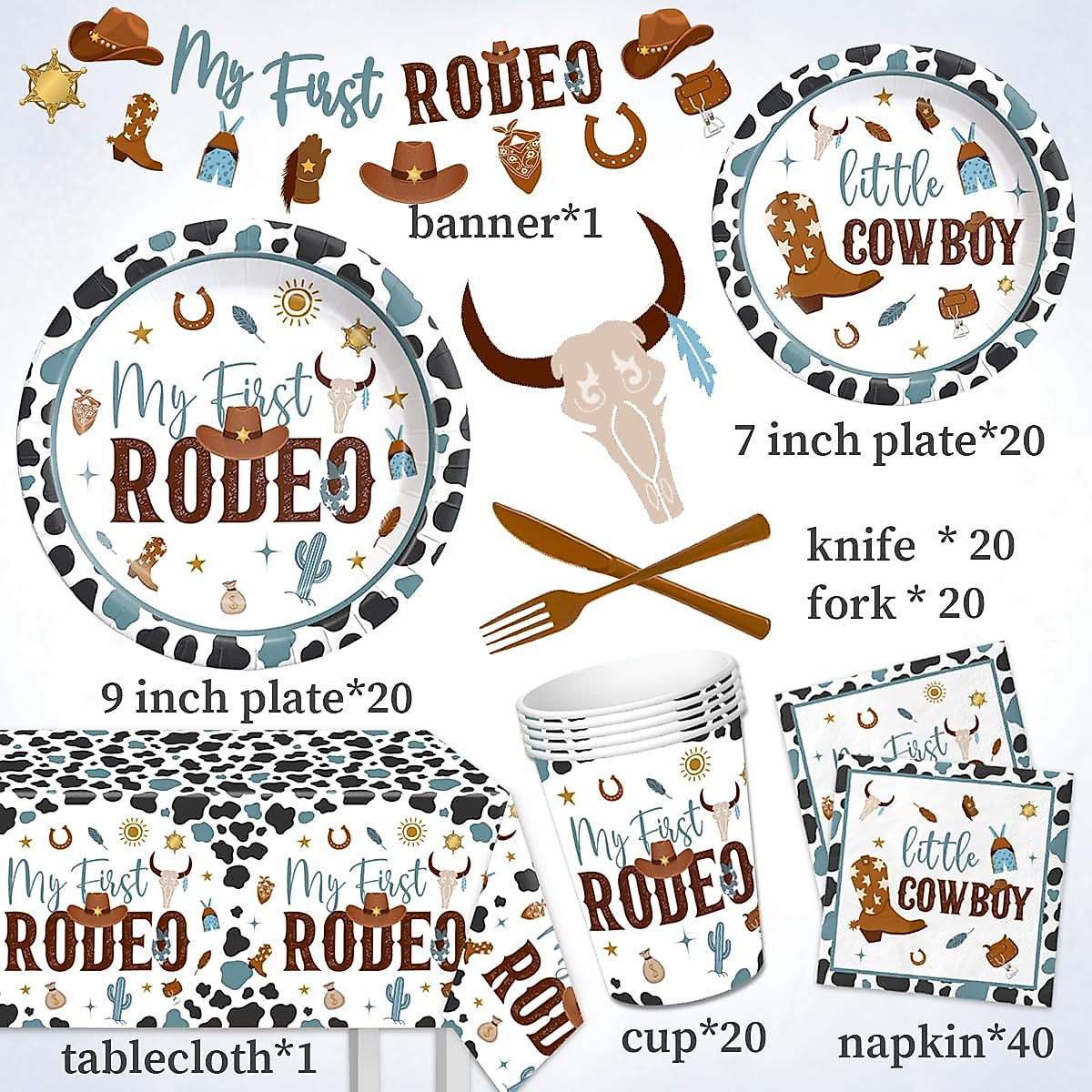 My First Rodeo Birthday Party Supplies Boy-142Pcs Western Cowboy Tableware 1st Rodeo Birthday Party Decorations Blue My First Rodeo Baby Shower Dinnerware for Boy