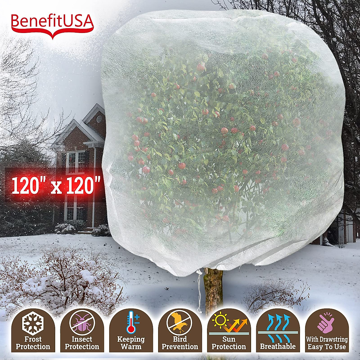 BenefitUSA Multi-Size Plant Covers Freeze Frost Protection,Warm Frost Cloth Plant Covers for Winter Frost Protection for Potted Plants Fruit Trees (120''x120'')