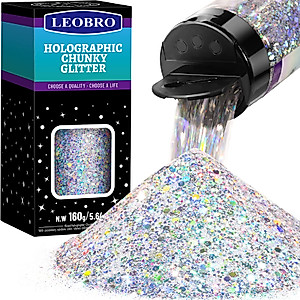 Holographic Chunky Glitter, 160G/5.64OZ Craft Glitter for Resin, Metallic Iridescent Chunky Fine Glitter Sequin Flake Bulk, Nail Glitter for Makeup Body Face Eye, Epoxy Tumbler, LEOBRO Silver Glitter