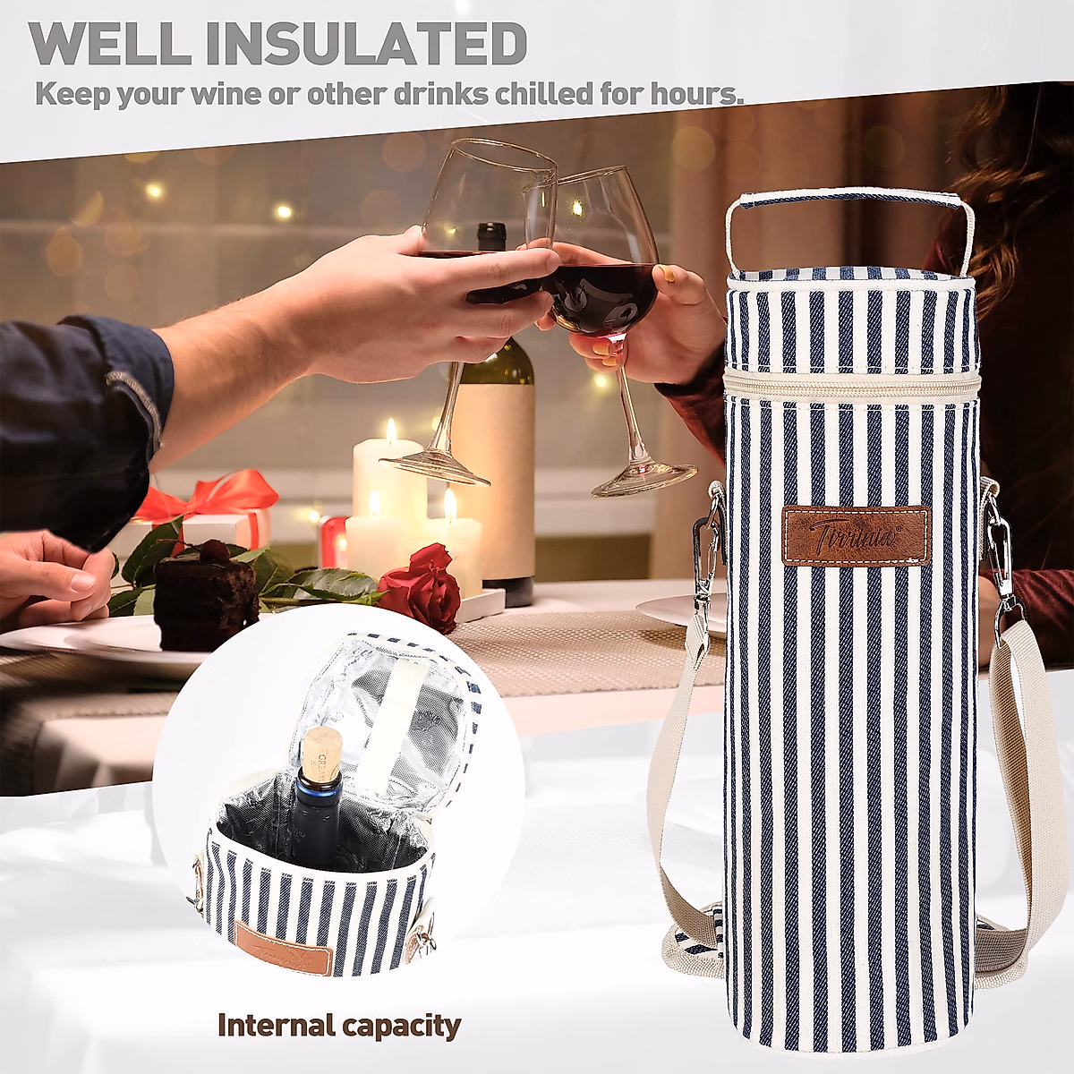 Tirrinia Single Wine Cooler Bags - Insulated & Padded Portable Wine Gift Tote Carrier for Travel, BYOB Restaurant, Wine Tasting, Party, Great Gift for Wine Lover, Blue Stripe