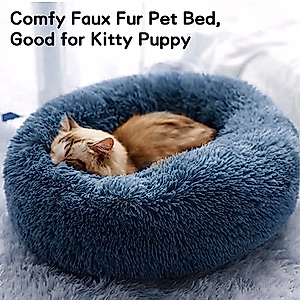 Yvnicll Calming Dog & Cat Bed with Blanket,Pet Beds for Small Dogs Bed with Removable Washable Cover,Anti Anxiety Dog Bed Cuddler Fluffy Faux Fur Plush Pet Donut Round Bed for Small Dogs（Navy,XS,20"）