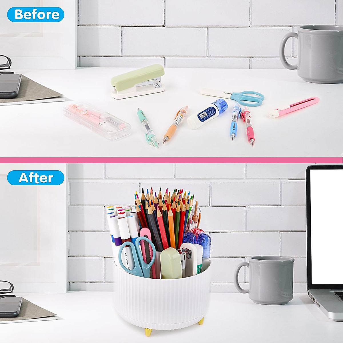 XHEHOY Pencil Pen Holder for Desk, 360 Degree Rotating Desk Organizers with 5 Slots, Cute Pen Cup for Office, School, Home and Art Supply, Desktop Storage Stationery Supplies Organizer, White