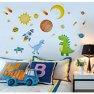 Dinosaur Outer Space Wall Decals, Dino Rocket Spaceship Decor Animal Planet Solar System Wall Sticker for Kid’s Bedroom Nursery Playroom Classroom Wall Decor