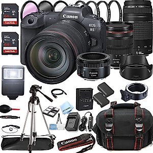 Canon EOS R5 Mirrorless Digital Camera with RF 24-105mm f/4 L is USM Lens + 75-300mm F/4-5.6 III Lens + 50mm f/1.8 STM Lens + 128GB Memory + Case + Tripod + Filters (43pc Bundle)
