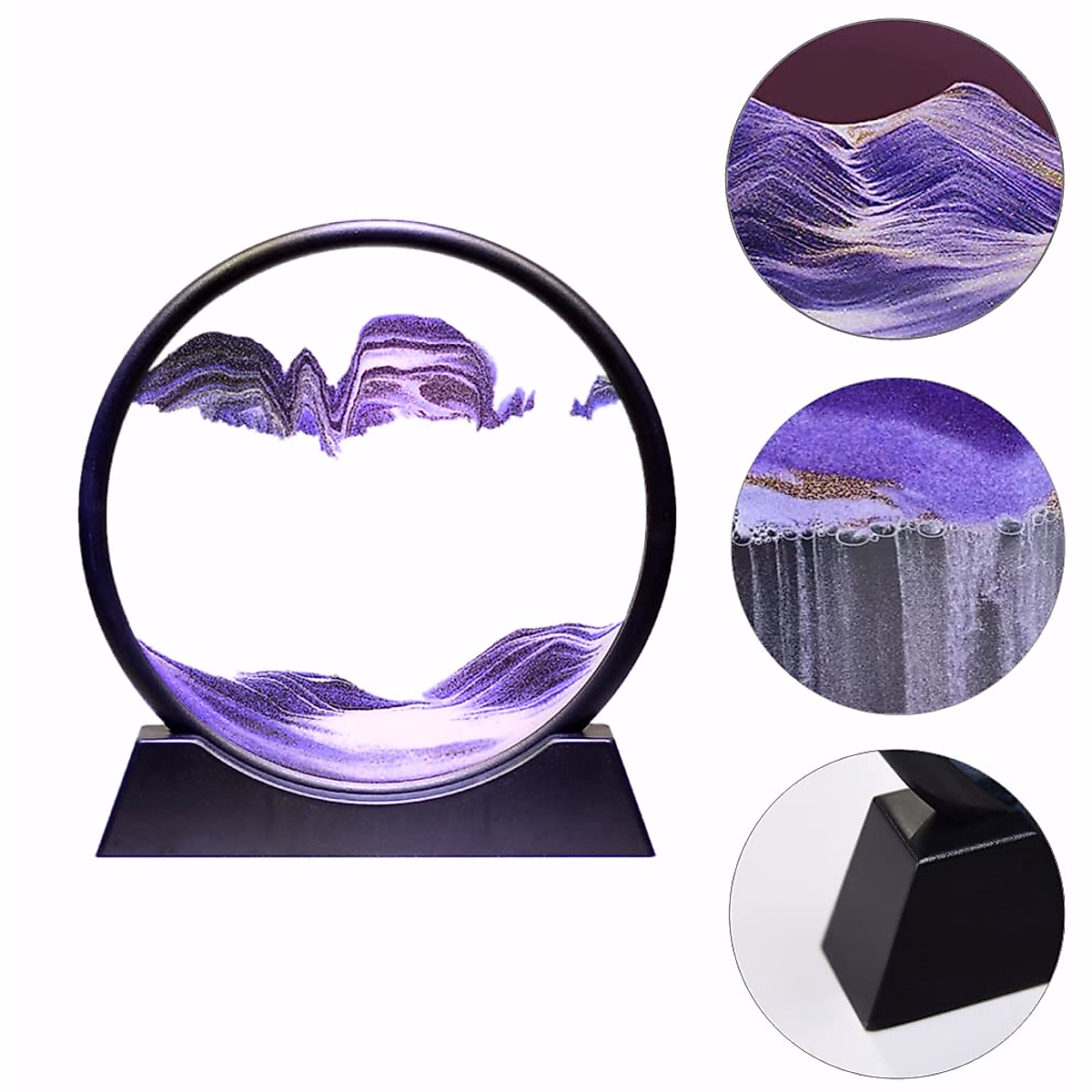 ANXUS Moving Sand Art Picture in Motion Round Glass 3D Deep Sea Sandscape Display Flowing Sand Frame, Sensory Relaxing Desktop Home Office Work Desk Decor(7", Purple)
