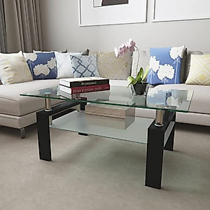 POULEII Living Room Table Set,3 Piece Glass Coffee and End Tables Set for Room,Coffee with Tempered Tabletop Metal Frame Apartment, Small Space Black