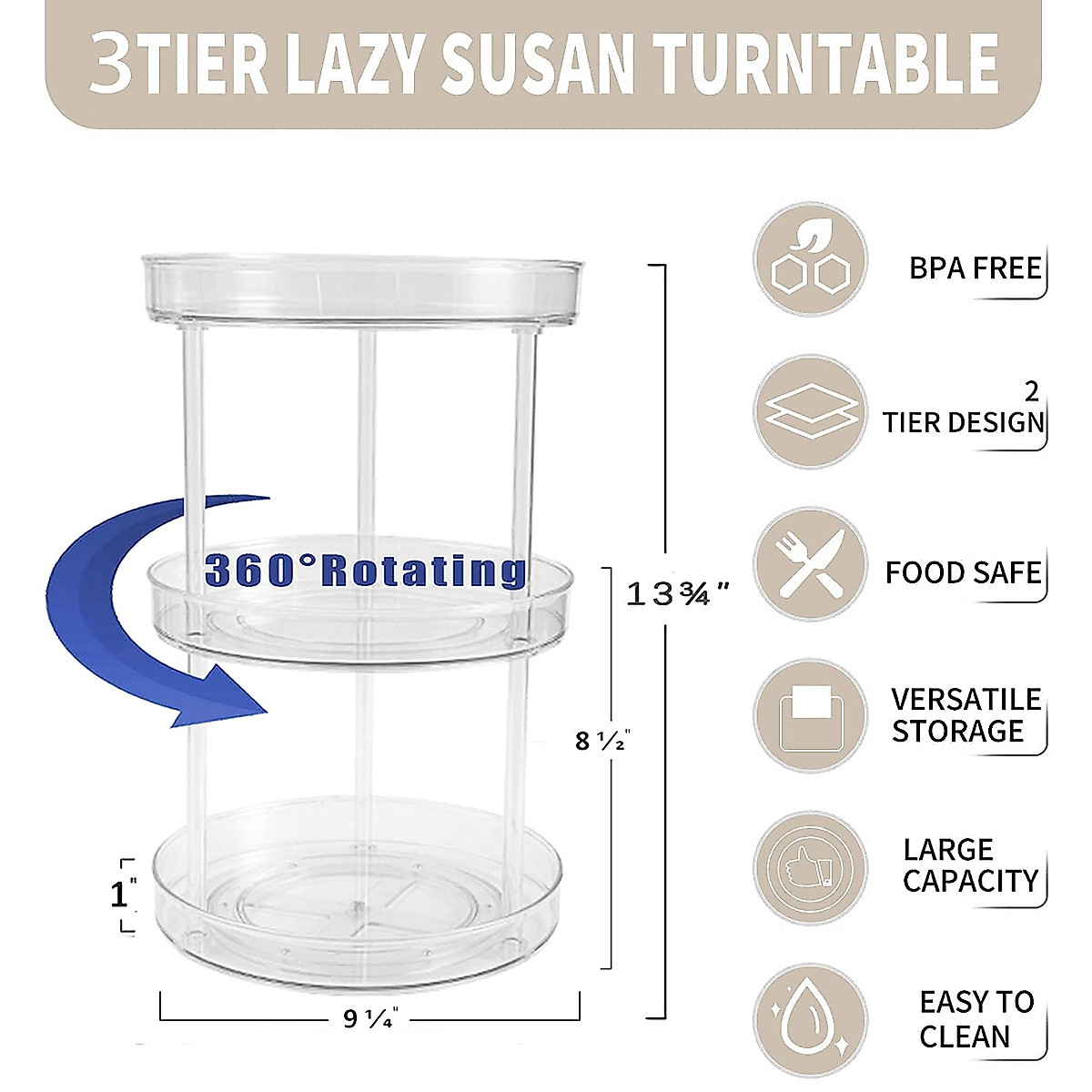 Amasses 3 Tier Clear Lazy Susan Organizer, 360 Degree Rotating Round Lazy Susan Turntable 9" Non-Skid Rotating Organization Storage Container for Kitchen, Cabinet, Pantry