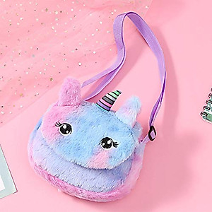 Little Girls Kids Toddler Unicorn Fuzzy Plush Crossbody Purse Rainbow Faux Fur Wallet Handbag