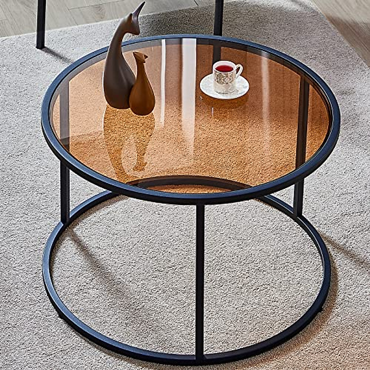 SAYGOER Glass Coffee Table Round Modern Coffee Tables Small Mid Century Coffee Table for Living Room Home Office Simple Retro Table Top with Metal Frames, Easy Assembly, Brown Black