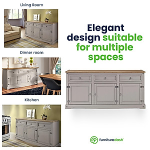 Furniture Dash Solid Wood Sideboard Buffet 65.9" W, 16.9" D, 31.6" H - Wooden Storage Cabinet, Cupboard Console Table, Ideal for Living Room, Kitchen Island, Dining Room