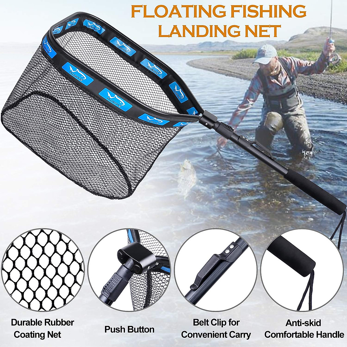 PLUSINNO Floating Fishing Net for Steelhead, Salmon, Fly, Kayak, Catfish, Bass, Trout Fishing, Rubber Coated Landing Net for Easy Catch & Release, Compact & Foldable for Easy Transportation & Storage
