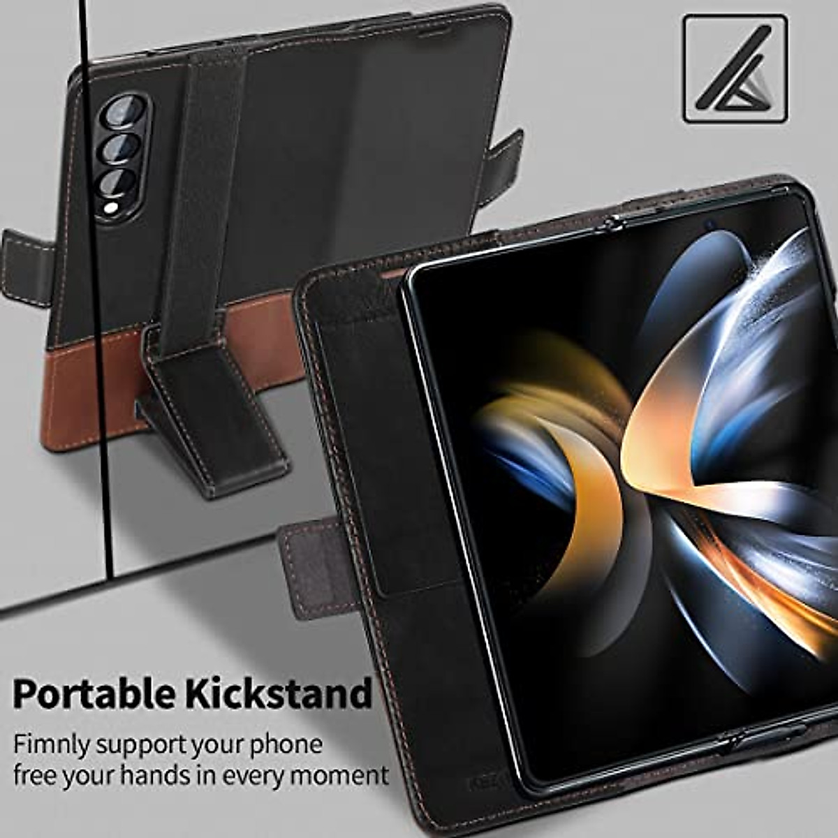 KEZiHOME Samsung Galaxy Z Fold 4 Case, Genuine Leather Galaxy Z Fold 4 Wallet Case [RFID Blocking] with Card Holder Flip Kickstand Magnetic Case Compatible with Samsung Z Fold 4 5G (Black/Brown)