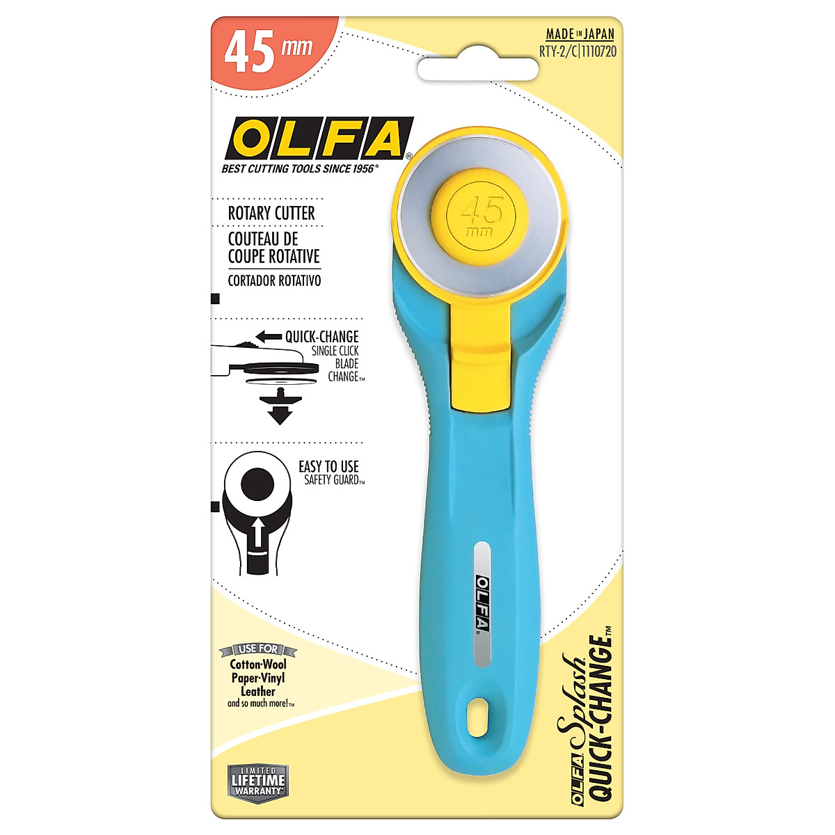 OLFA 45mm Quick-Change Rotary Cutter (RTY-2/C) - Rotary Fabric Cutter w/ Blade Cover for Crafts, Sewing, Quilting, Replacement Blade: OLFA RB45-1 (Aqua)
