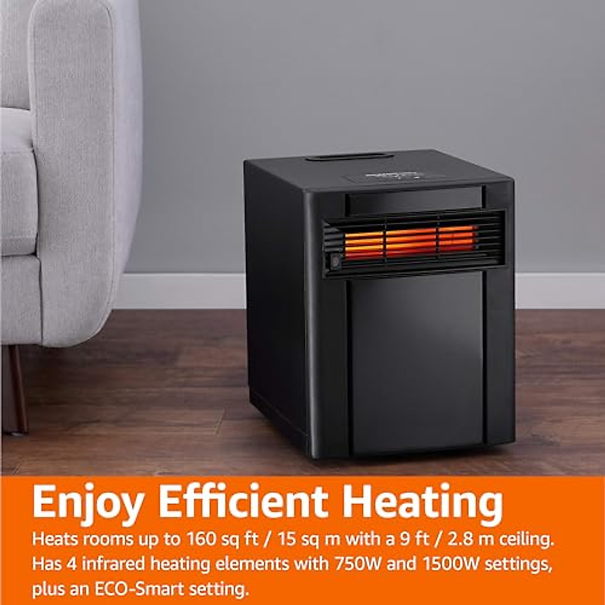 Amazon Basics Portable Space Heater, With Remote Control, Adjustable Thermostat, LED display, Energy-Saving ECO-Smart Setting, 1500W, Black, 11.4"D x 14.5"W x 14.7"H