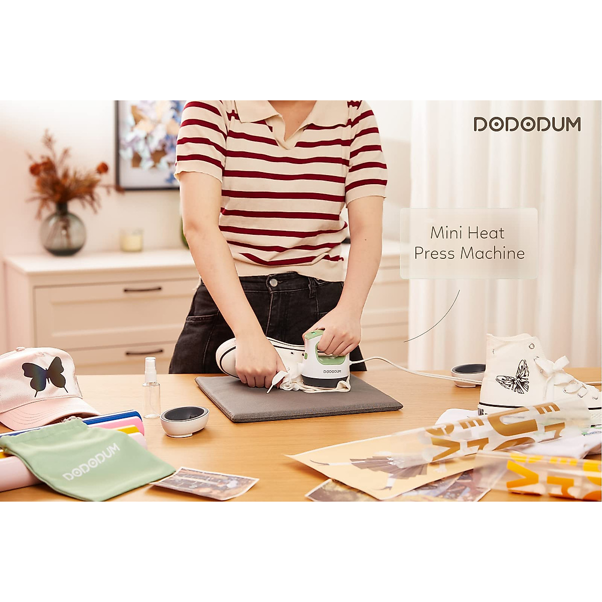 DODODUM Mini Heat Press Machine Easy to Use for T Shirts Shoes Hats Small HTV Iron-on Vinyl Projects Portable Heating Transfer Iron Green