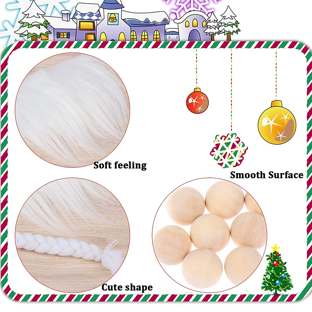 24 Pieces Pre-Cut Gnome Beard Braids Wooden Balls Nose Set， Handmade Gnome Beard Fake Fluffy Gnome Beard Faux Fur Gnome Dwarf Beard Braids Unfinished Wooden Balls for DIY Your Gnomes