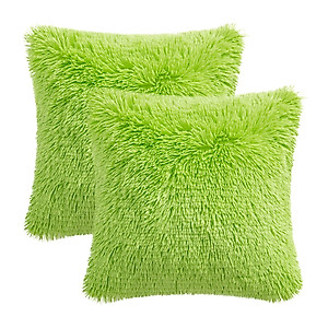 Woaboy Pack of 2 Luxury Faux Fur Throw Pillow Covers Decorative Soft Fluffy Plush Pillowcases Square Cushion Covers for Living Room Sofa Bedroom 20x20 Inch Green