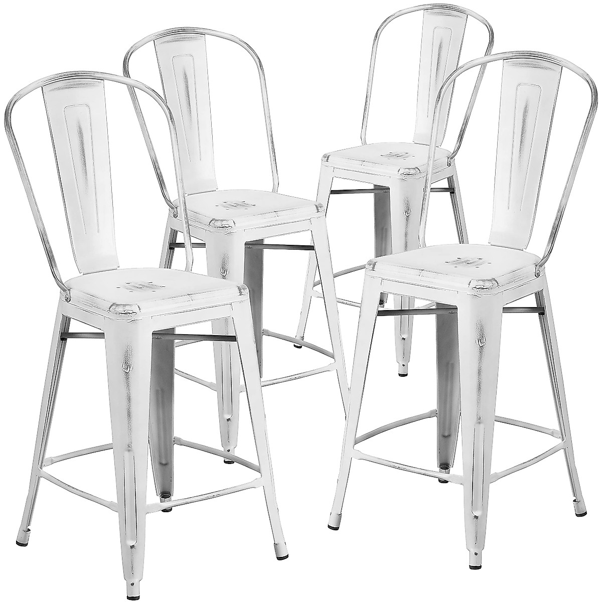 Flash Furniture Blake Commercial Grade 4 Pack 24" High Distressed White Metal Indoor-Outdoor Counter Height Stool with Back