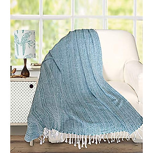 Farmhouse Throws Blanket with Fringe for Chair,Couch,Picnic,Camping, Beach,Throws for Couch,Everyday Use, Cotton Throw Blanket with Super Soft and Excellent Handfeel 50 x 60 -Teal White
