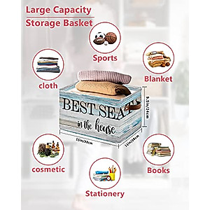 Best Seat in The House Storage Bins 1 Pack, Large Waterproof Storage Baskets for Shelves Closet, Bathroom Retro Toilet Wood Storage Basket Foldable Storage Box Cube Storage Organizer with Handles