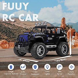 FUUY Remote Control Jeep Car for Boys with Spray & Music, RC Jeep Car Toys with Spade & 2 Batteries for 50Min Play, RC Cars for Kids Gifts Age 6+
