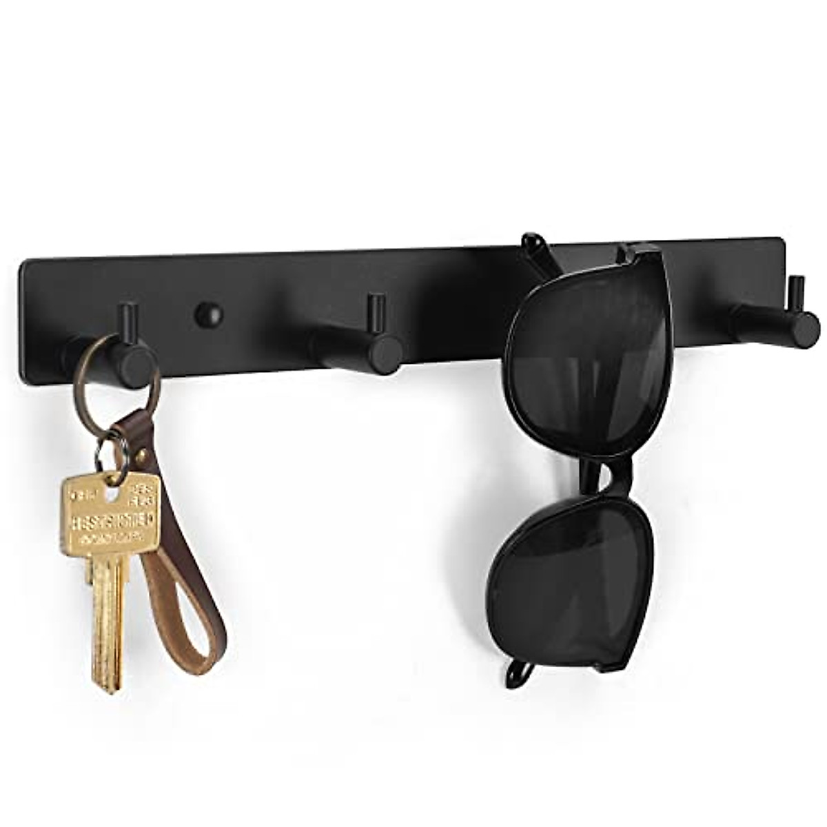 Lwenki Key Holder for Wall, Black Key Rack with 4 Key Hooks to Hang Keyrings, Dog Leash, Umbrella, Sunglasses – Key Hanger with Mounting Hardware for Glass, Tile and Wood (10.9” x 1.4” x 1.0”) (Black)