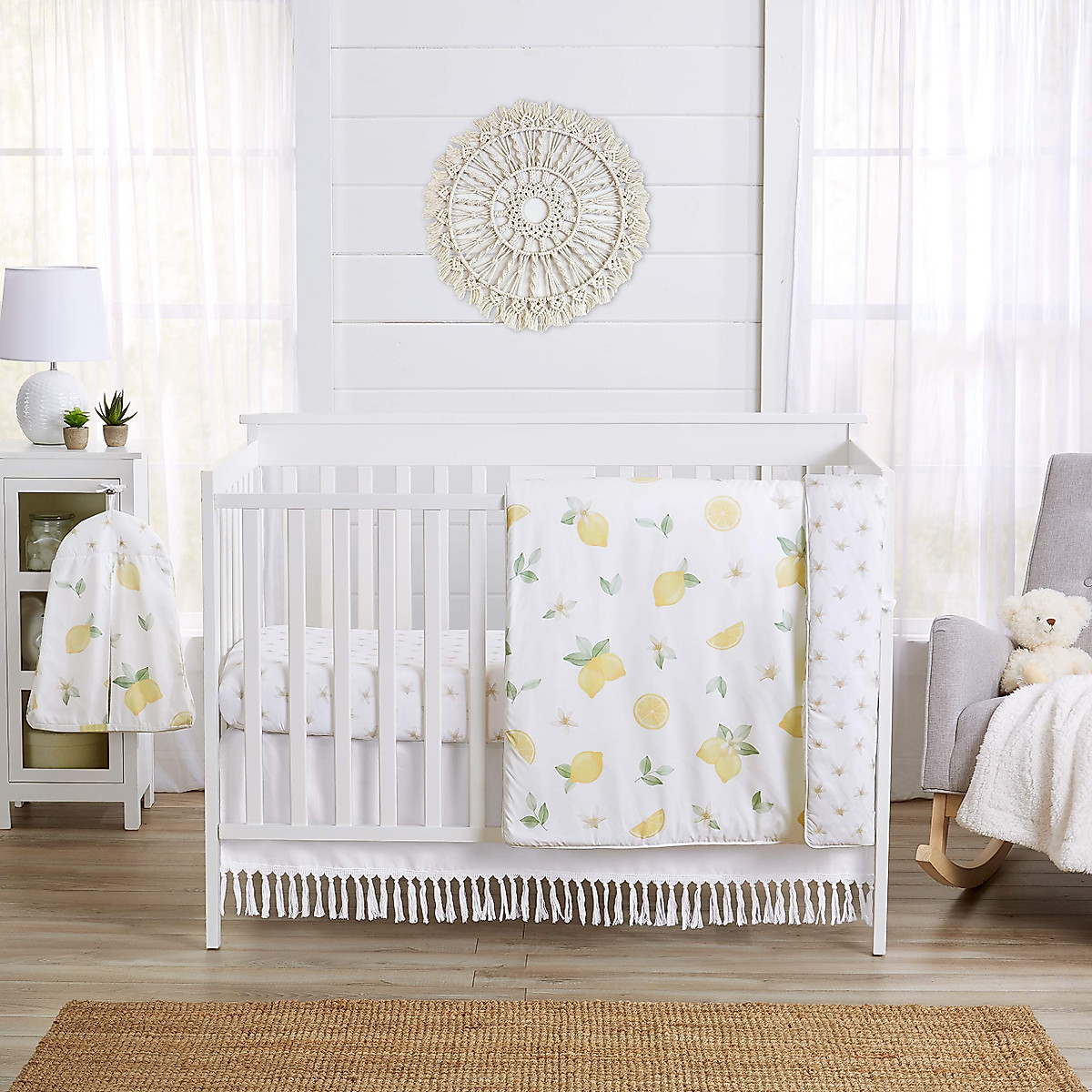 Sweet Jojo Designs White Girl Baby Nursery Crib Bed Skirt Dust Ruffle - Solid Color Tassel Fringe for Lemon Floral Collection