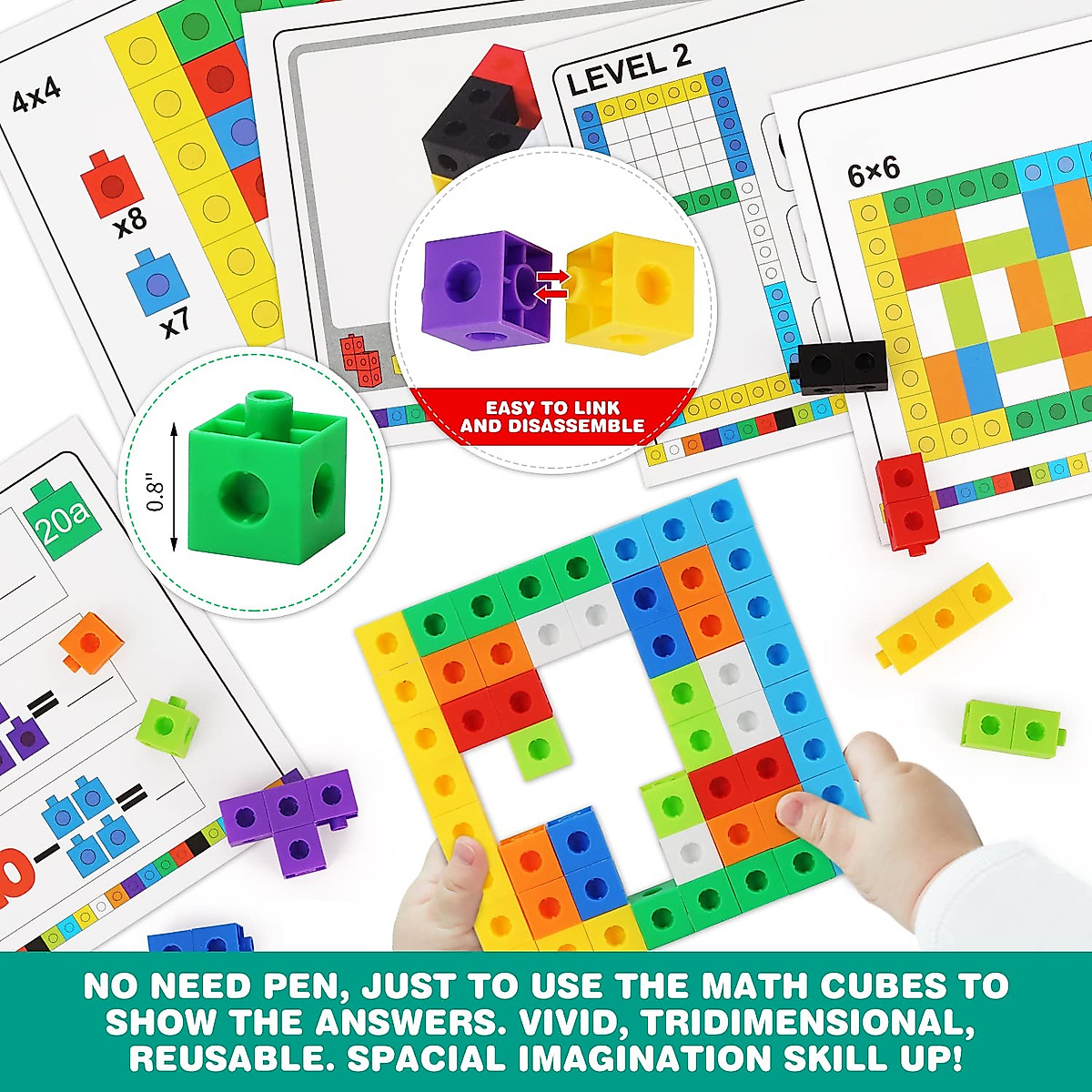 Number Blocks, Math Manipulatives 100 Snap Cubes with 30 Activity Cards, STEM Toy Learning Math Games for Kids 3 4 5 6 7 8+ Year Homeschool Supplies Birthday Gift, 148PCS