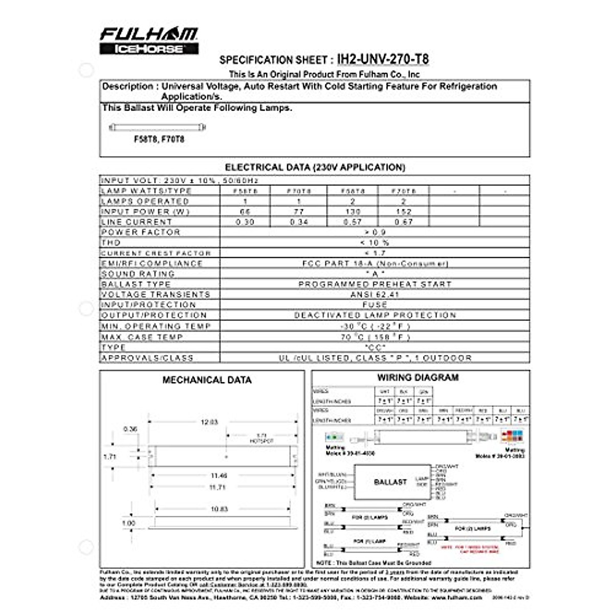 Fulham Lighting IH2-UNV-270-T8 IceHorse 2 Low Temp Ballast, 120V, Black/Red