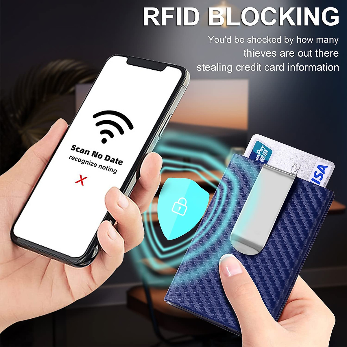 SLUKULU Slim Wallet for Men with Money Clip and Credit Card Holder, RFID Blocking Carbon Fiber Wallet,Minimalist Pop-Up Metal Front Pocket Wallet.(Blue)