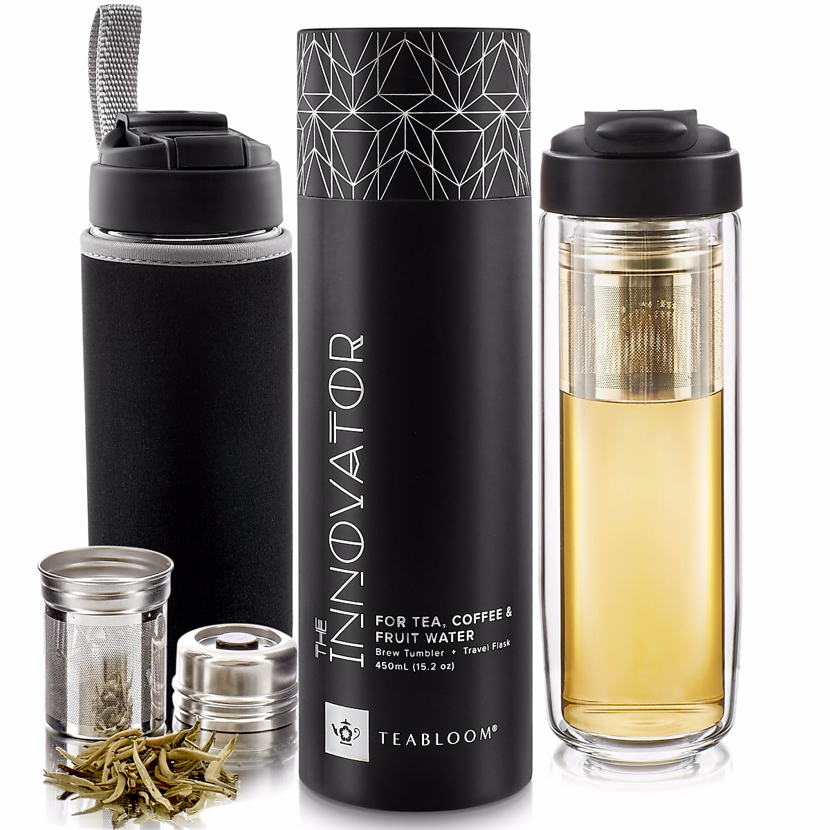 Teabloom Travel Tea Infusing Cup – Insulated Borosilicate Glass Bottle with Magnetic Controlled Infuser and Flip Lid for Hot Tea, Cold-brew Coffee, Fruit Water – The Innovator Tumbler (15oz/450ml)