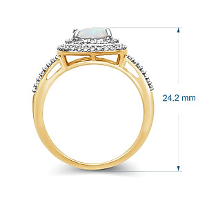 Jewelili Yellow Gold Over Sterling Silver 7x7 MM Cushion Cut Created Opal and Created White Round Sapphire Double Halo Ring, Size 7