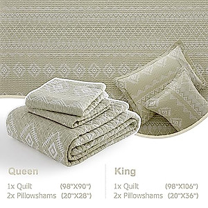 Finlonte King Size Quilt, 100% Cotton Lightweight Boho King Bedspread, Beige White Striped Geometric Soft Reversible Quilt King Size Bedding Set for All Season, 3-Pieces