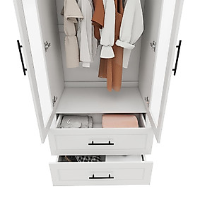 Keloyid Wooden Armoire Wardrobe Closet with Glass Door, Bedroom Armoire Storage Cabinet, 4 Door Modern White Armoire Wardrobe Closet with Hanging Rod for Bedroom