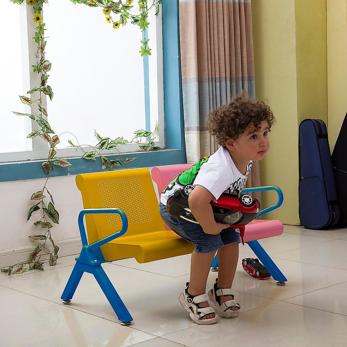 Walmokid Children Kids Chairs 2 Seat & 3 Colors Chairs with Steel Frame for Toddlers Kindergarten Home Indoor Use（Pink&Yellow&Blue）…