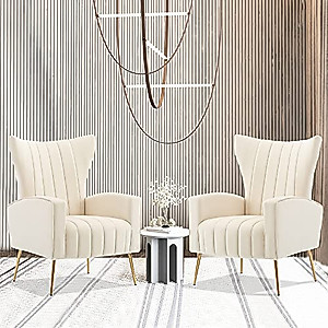 HOMEFUN Accent Chair Set of 2, Velvet Wingback Armchair Modern Upholstered Single Sofa with Metal Legs for Living Room Bedroom Nursery, Beige