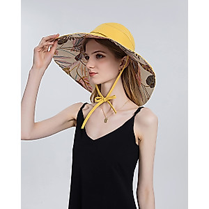 Koreshion Women Ponytail Sun Hat Reversible Fishing Hat Foldable Bowknot Summer Hat UPF 50+ Beach Cap Wide Brim Bucket Hat Yellow