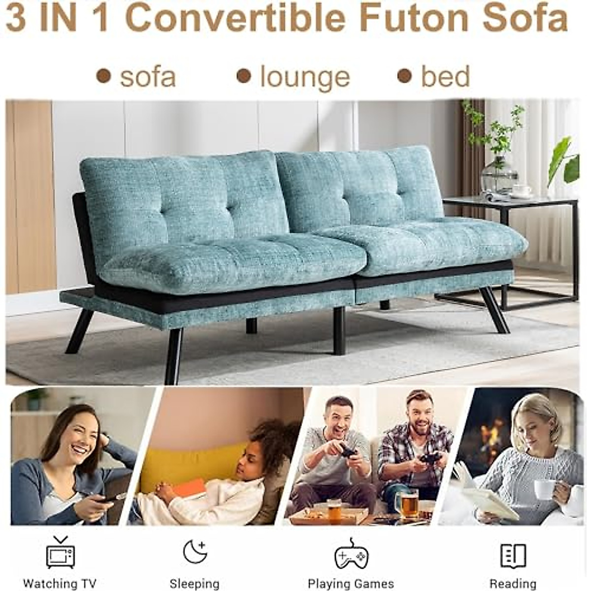 Futon Sofa Bed,Convertible Folding Futon Couch Breathable Small Couch for Compact Living Studio in Living Room and Bedroom,Offices,Dorm Loveseat (Mint Green)